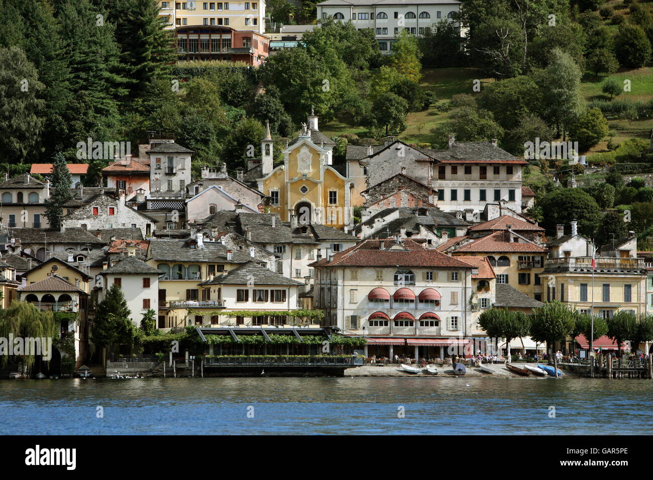 the Fishingvillage of Orta on the Lake Orta in the Lombardia in north ...