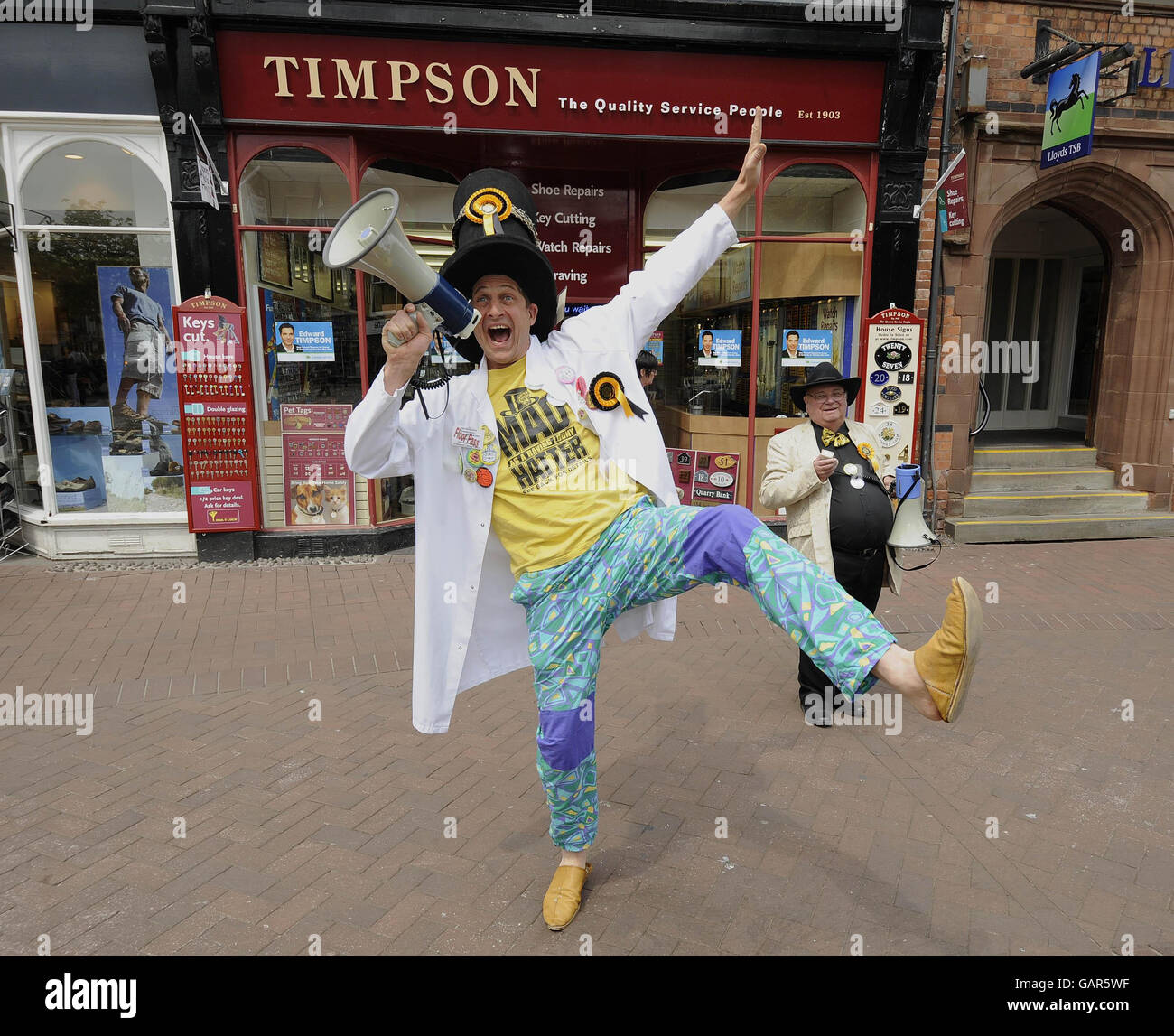 Monster raving loony party candidate nick flying brick canvassing hi ...