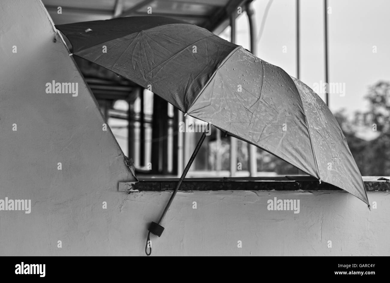 Open umbrella drying on the balcony in black and white colors Stock ...