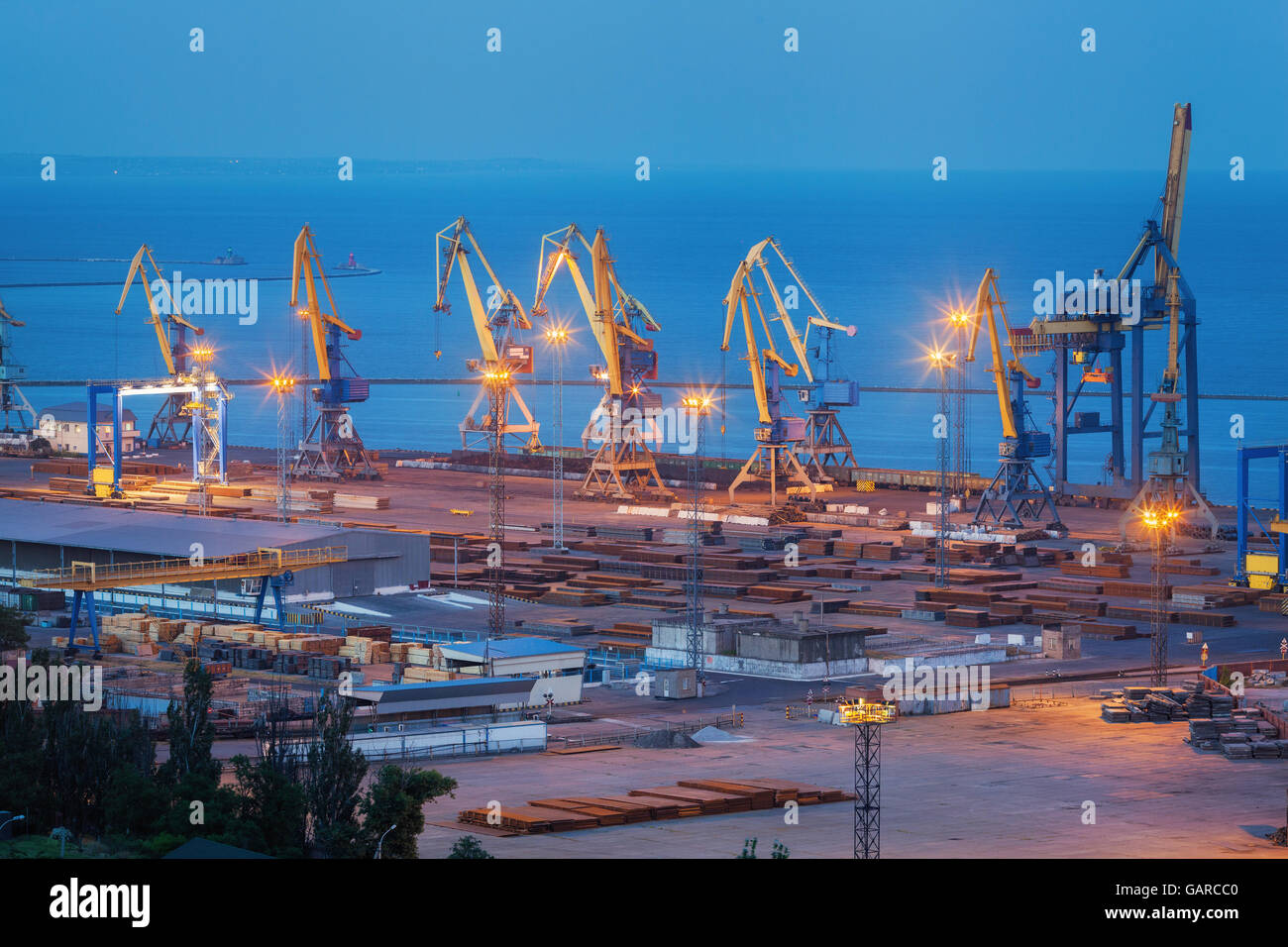 Sea commercial port at night in Mariupol, Ukraine. Industrial view ...