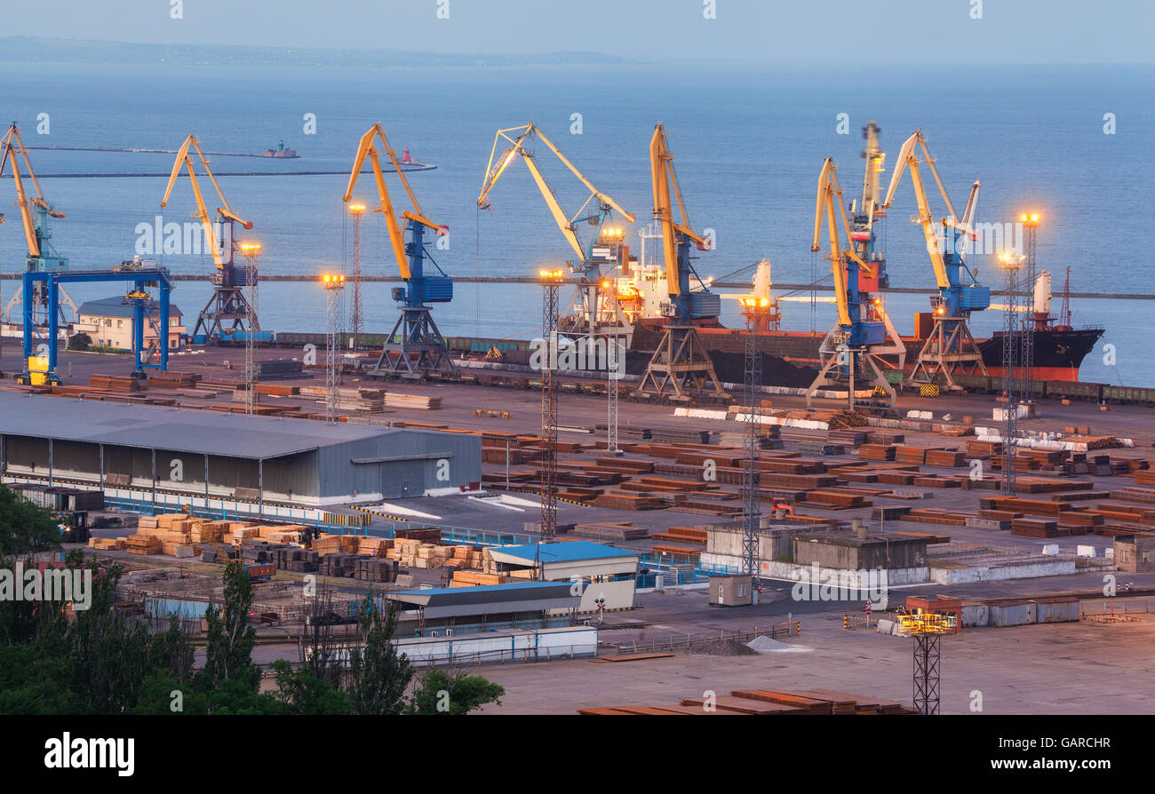 Sea commercial port at night in Mariupol, Ukraine. Industrial view ...