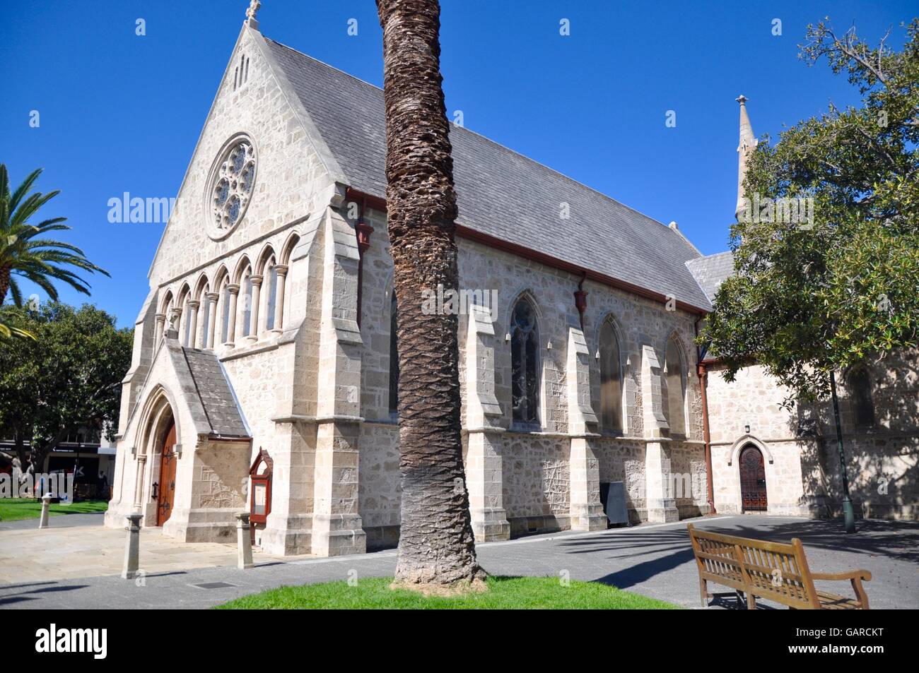 Historic old limestone architecture with arched windows at St. John's ...