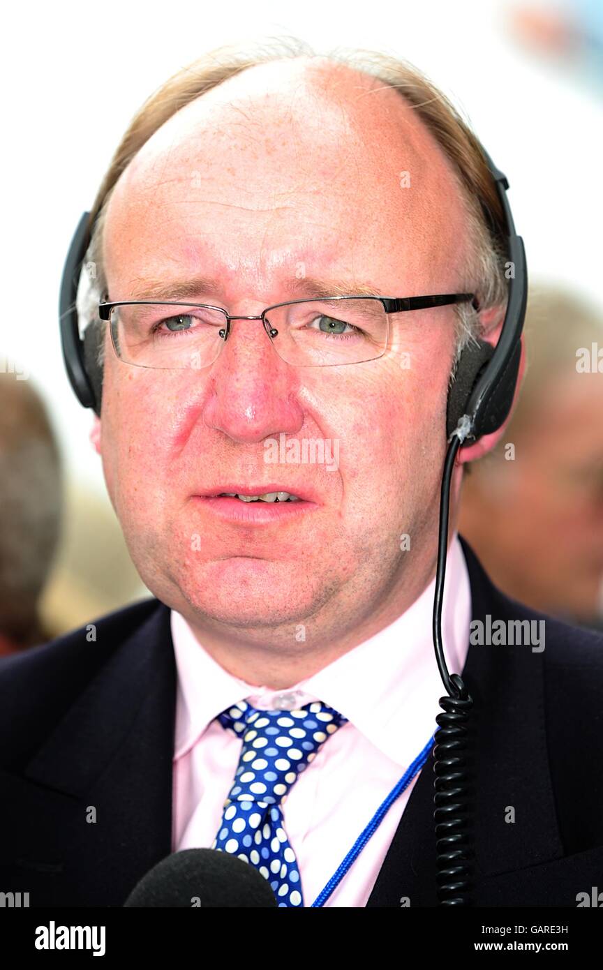 Cornelius Lysaght, BBC five live commentator during Ladies Day at Epsom ...