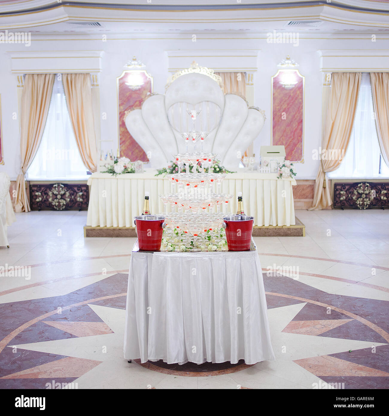 Serving wedding table flowers. Design Bureau for newlyweds Stock Photo ...
