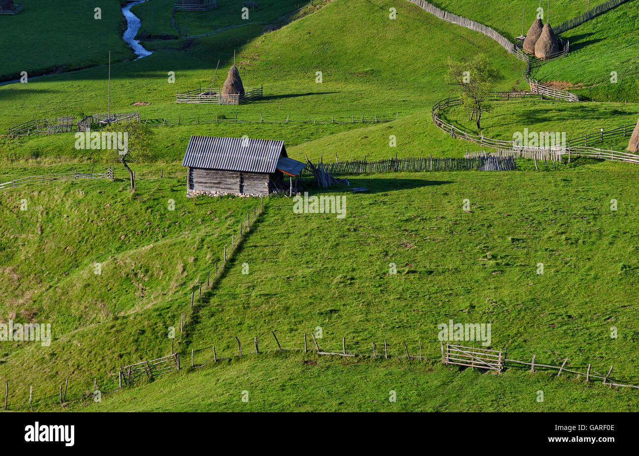 Small old cottage in the meadow Stock Photo - Alamy