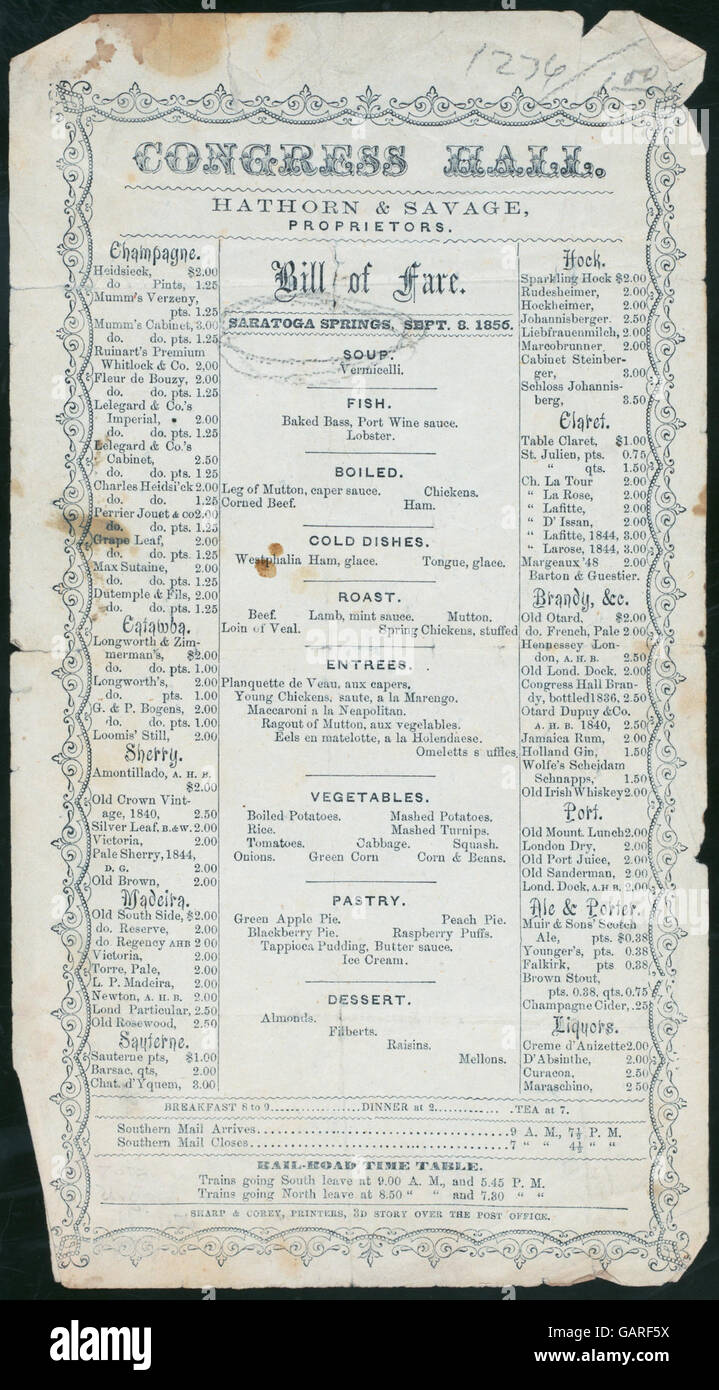 A daily menu from Congress Hall, a well-known restaurant in Saratoga ...