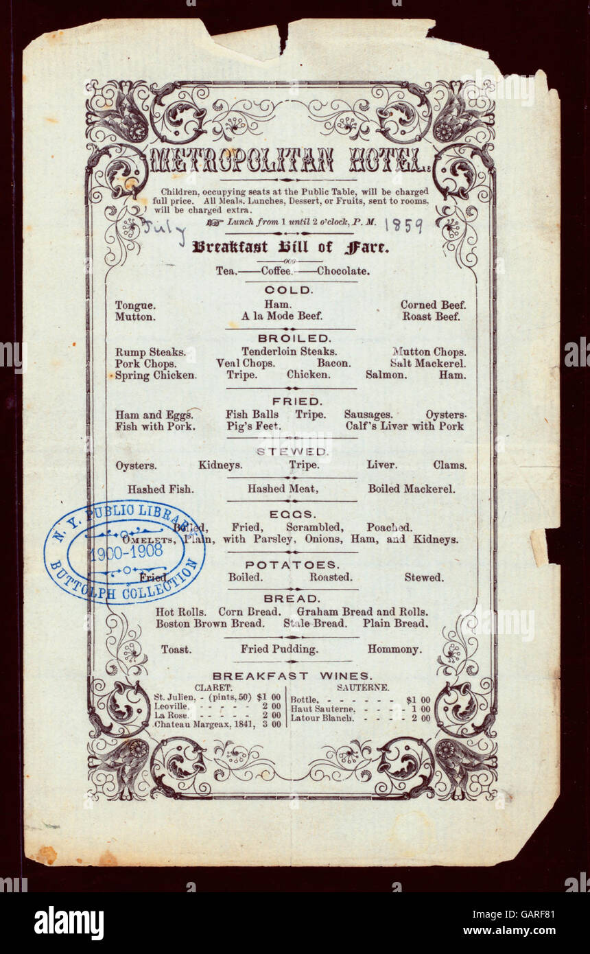 A breakfast menu served at the Metropolitan Hotel in New York ...