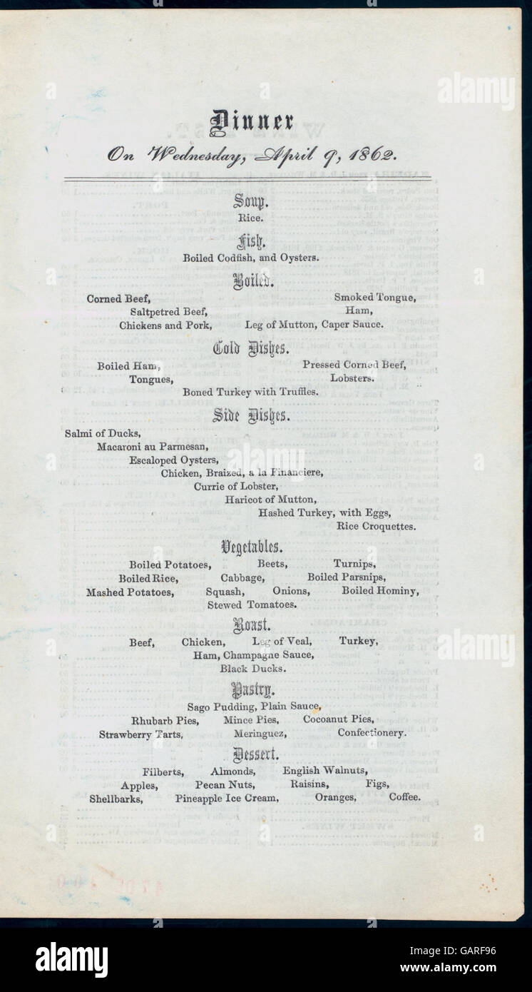 A daily dinner menu served at the Revere House in Boston, Massachusetts ...