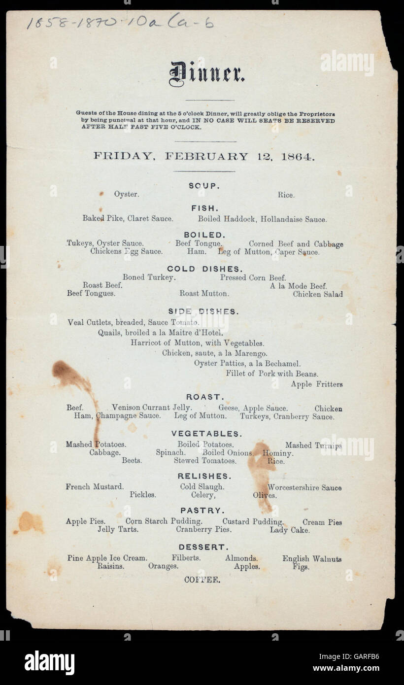 A dinner menu from Willard's Hotel, a historic hotel in Washington, D.C ...