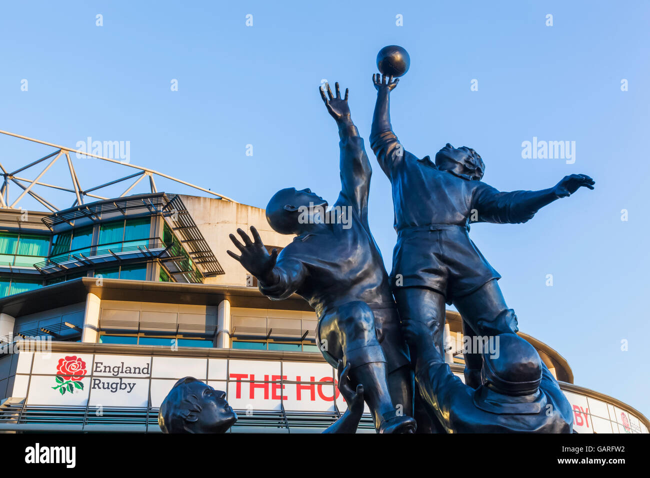England, London, Richmond, Twickenham Rugby Stadium, Sculpture of a ...