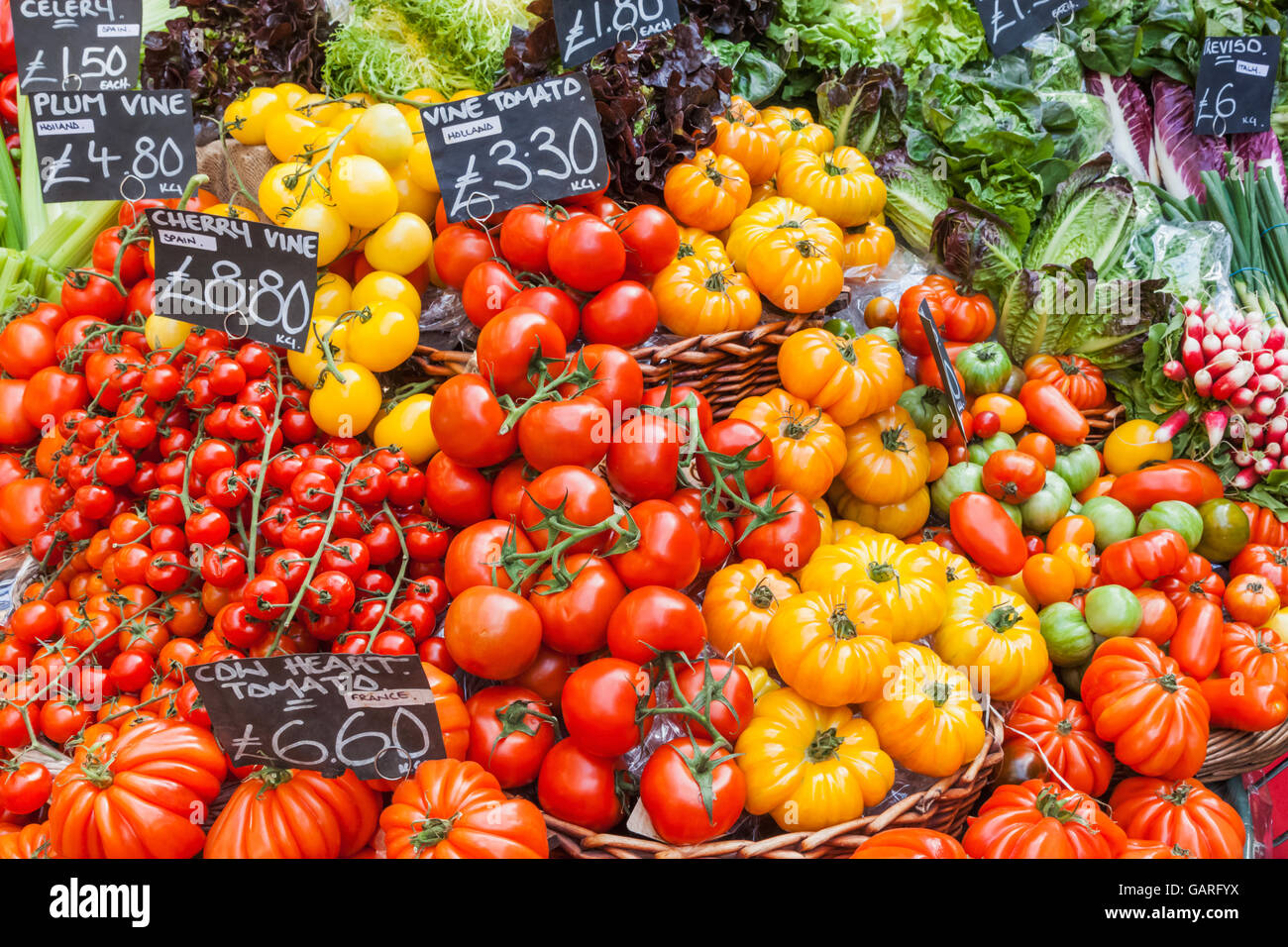 England, London, Southwark, Borough Market, Display of Exotic Tomatoes ...