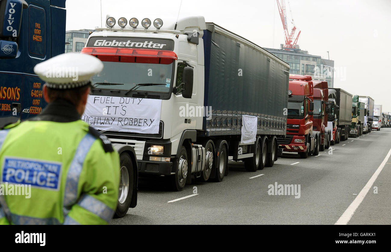 A line of lorries make their way along the elevated section of the A40 ...