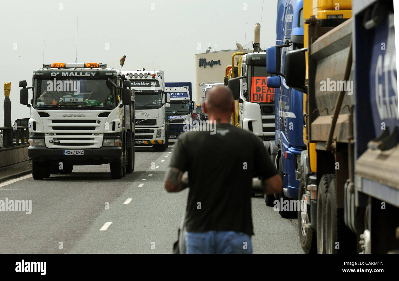 A line of lorries make their way along the elevated section of the A40 ...