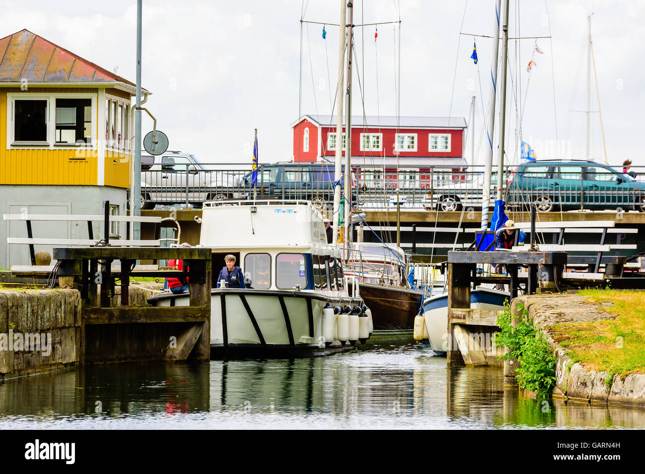 Motala, Sweden - June 21, 2016: Boats traveling through canal lock ...