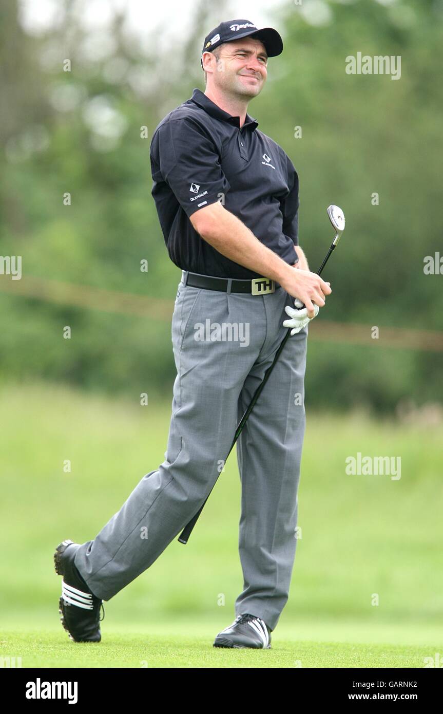 Sion E Bebb watches his shot during Round 2 of the Welsh open at The ...