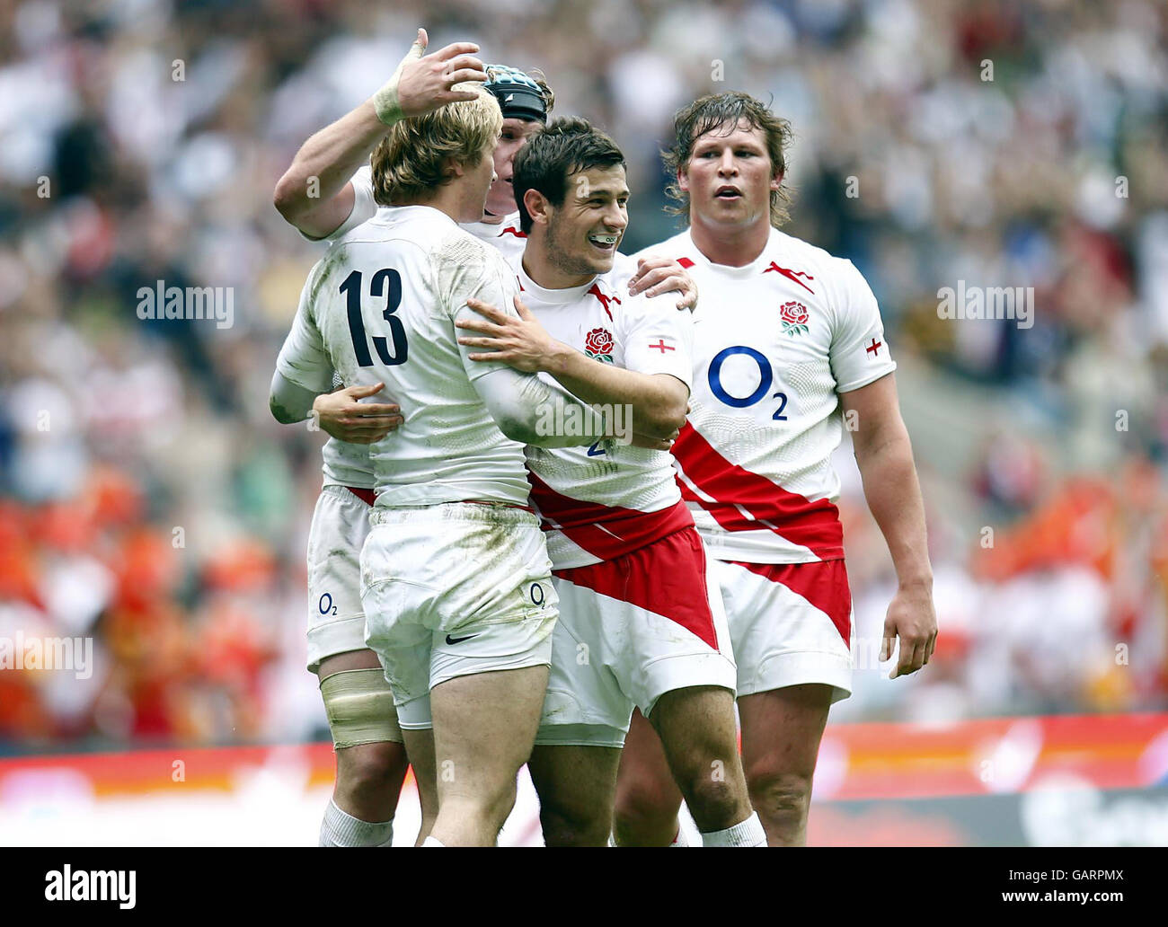 England's Matthew Tait celebrates scoring during the International ...