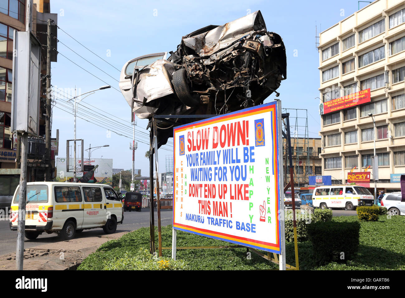 Car wreck as a dramatic warning against speeding on a traffic ...