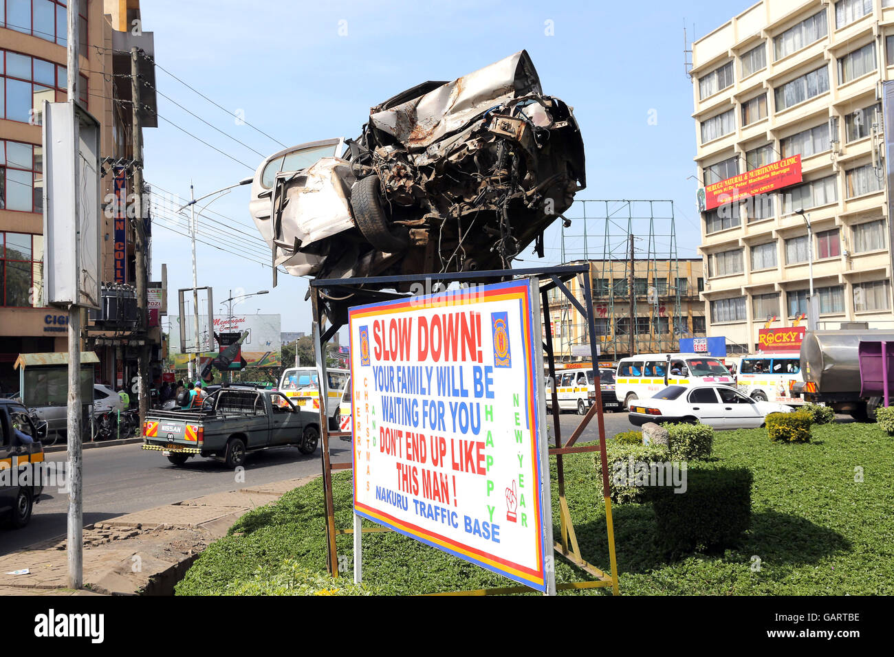 Car wreck as a dramatic warning against speeding on a traffic ...
