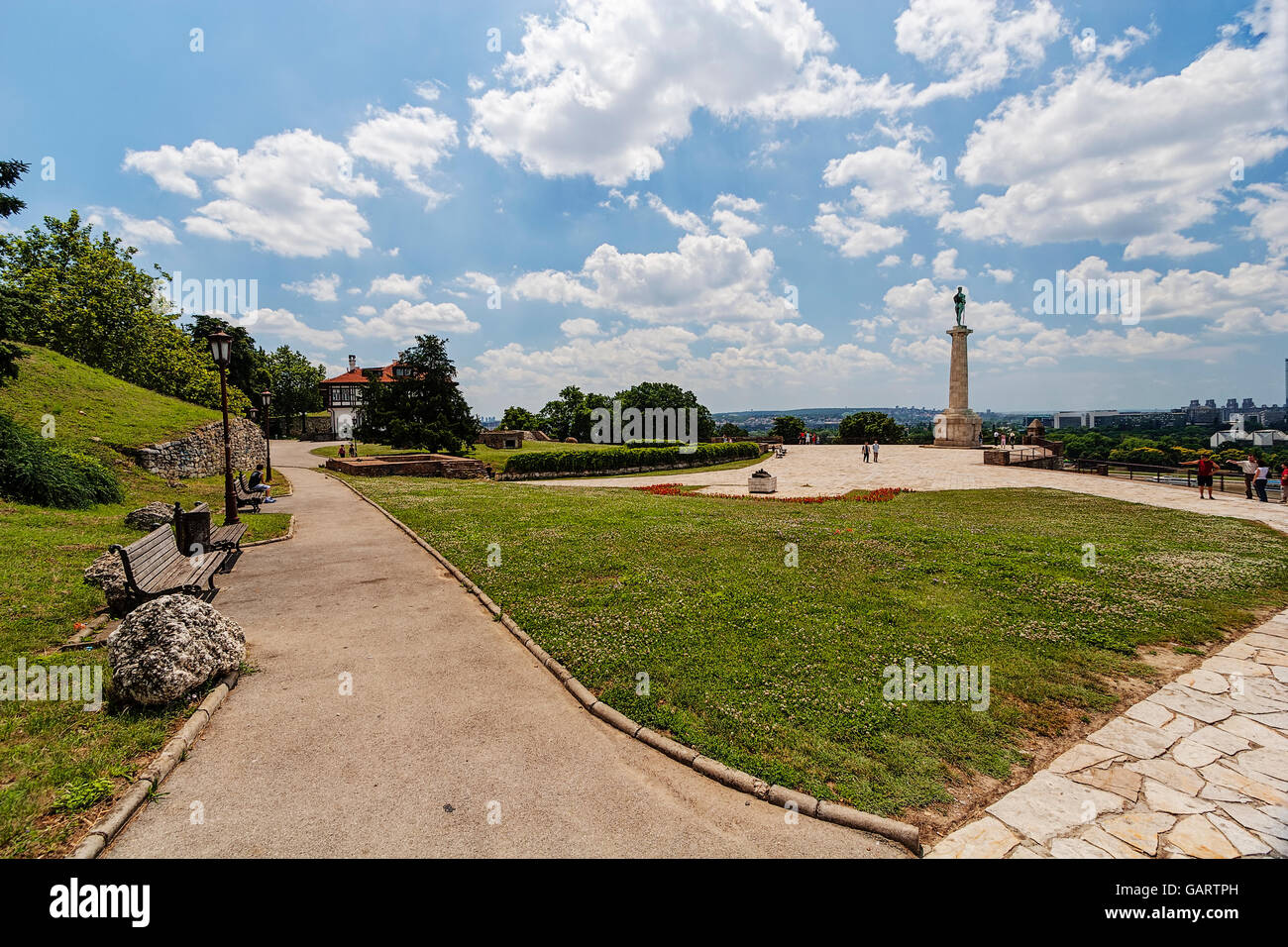 Belgrade medieval walls of fortress and victor monument in day time ...