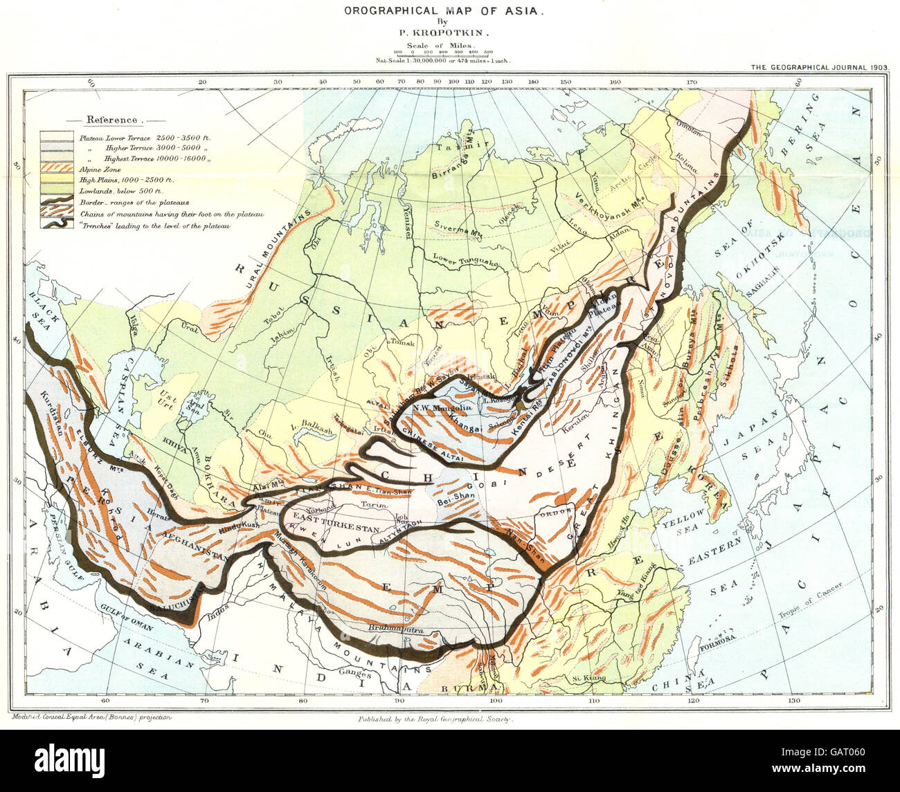 ASIA: Orographical map of Asia. RGS, 1904 Stock Photo - Alamy