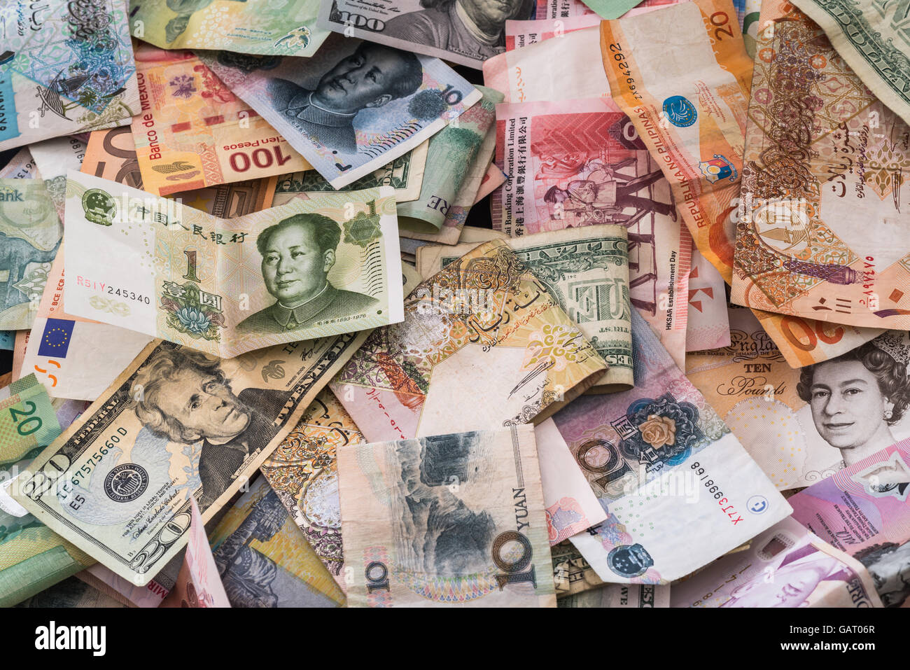 Foreign currency banknotes from various countries around the world ...