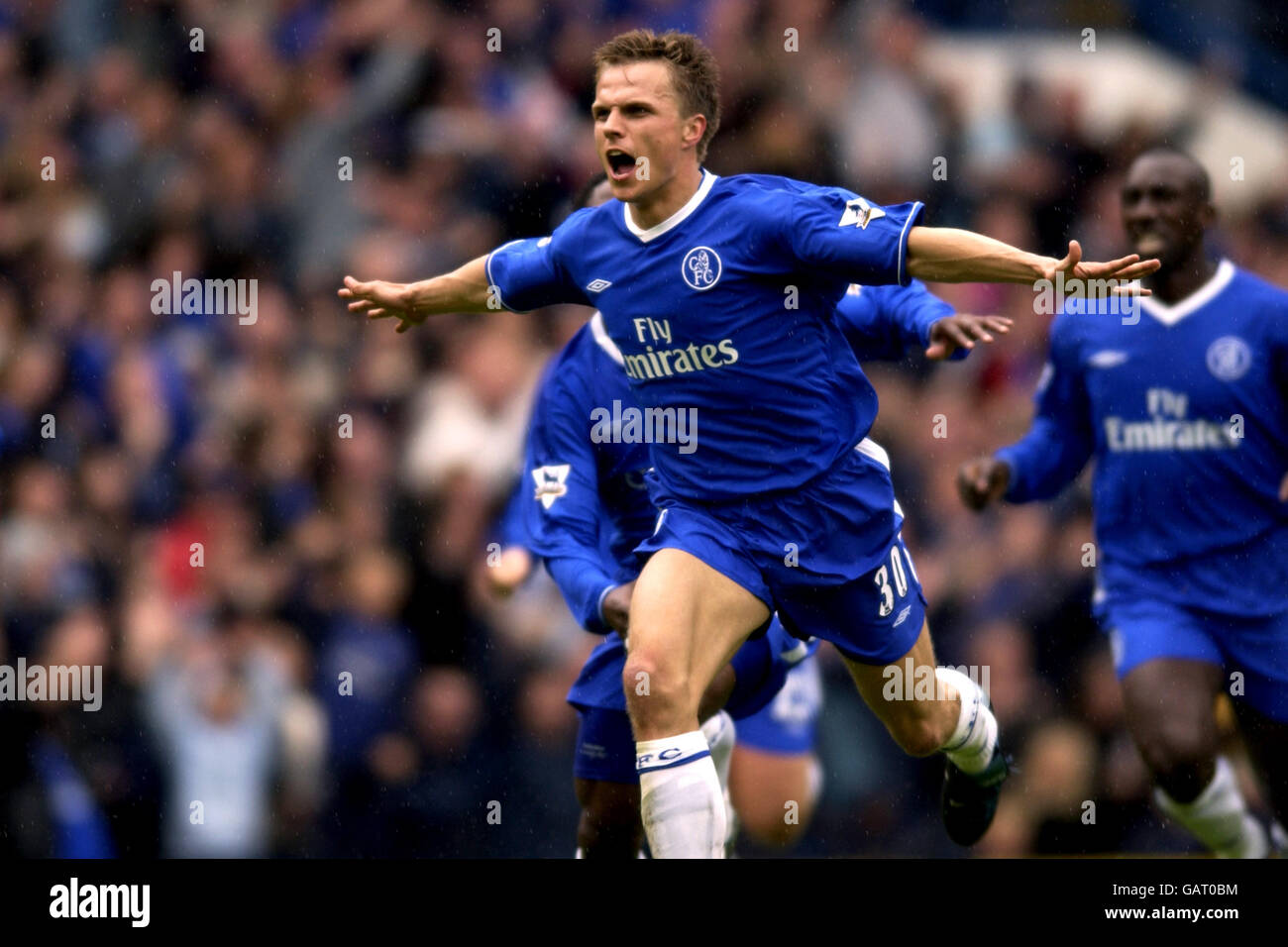 Jesper Gronkjaer of Chelsea celebrates scoring the winning goal against ...
