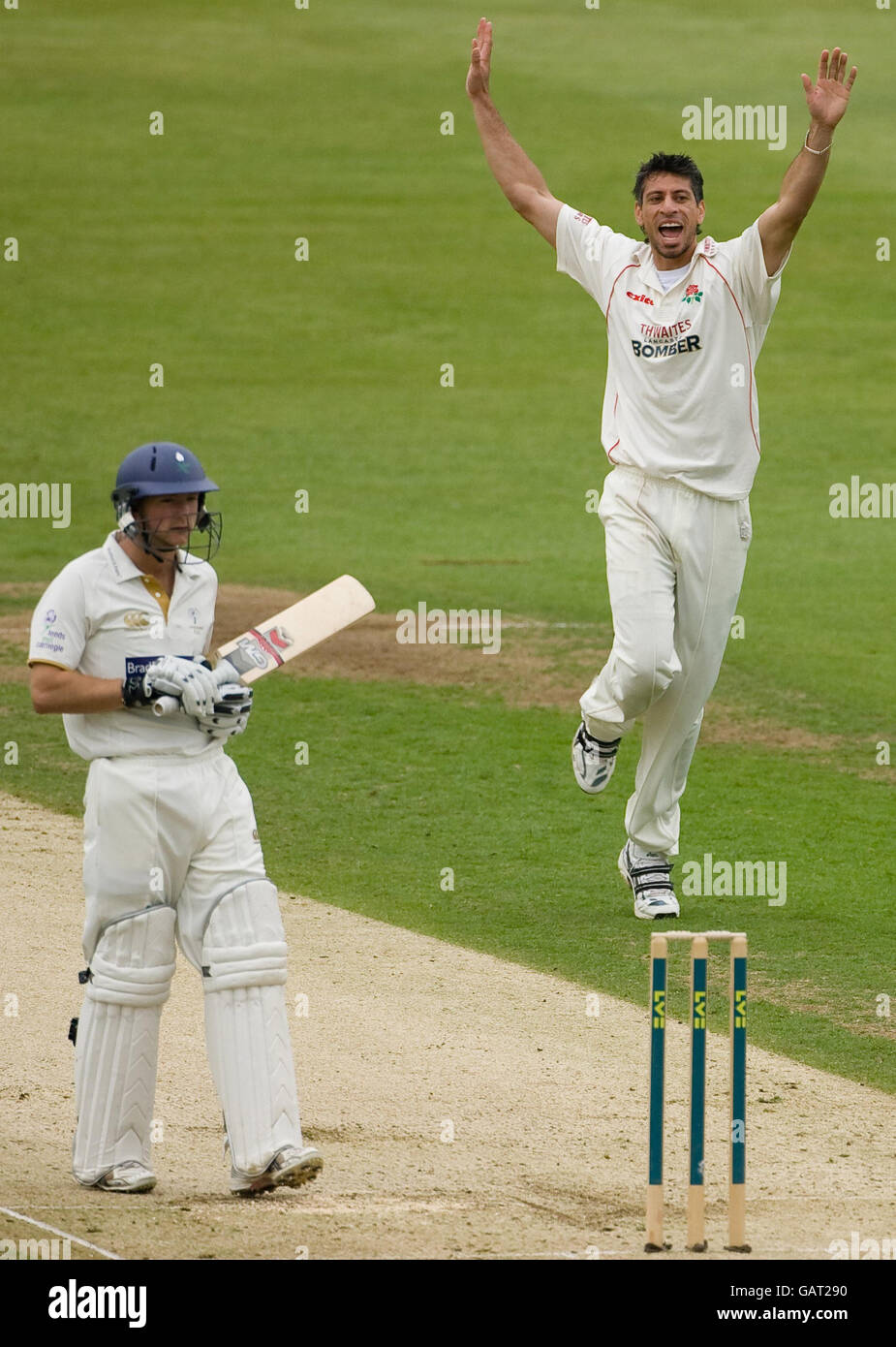 Lancashire's Sajid Mahmood celebrates dismissing Yorkshire's Adam Lyth ...