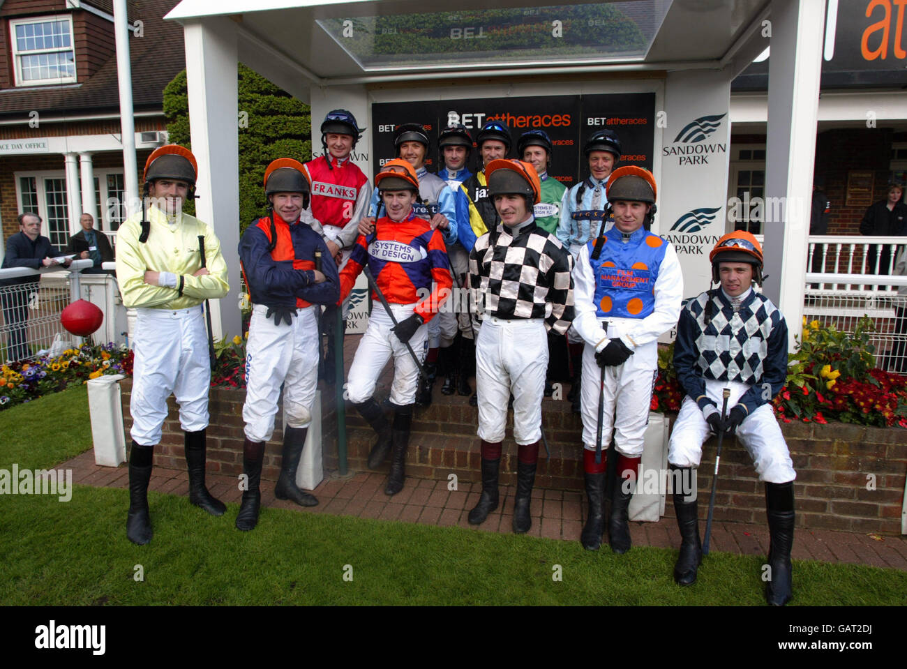 The jockey's pose prior to the 'attheraces Flat v Jump Jockeys ...
