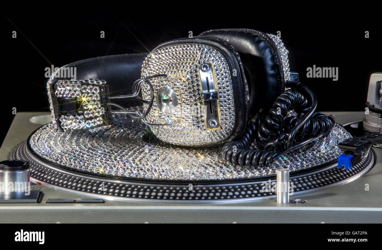 amazing handmade bling crystal covered headphones on a crystal record ...