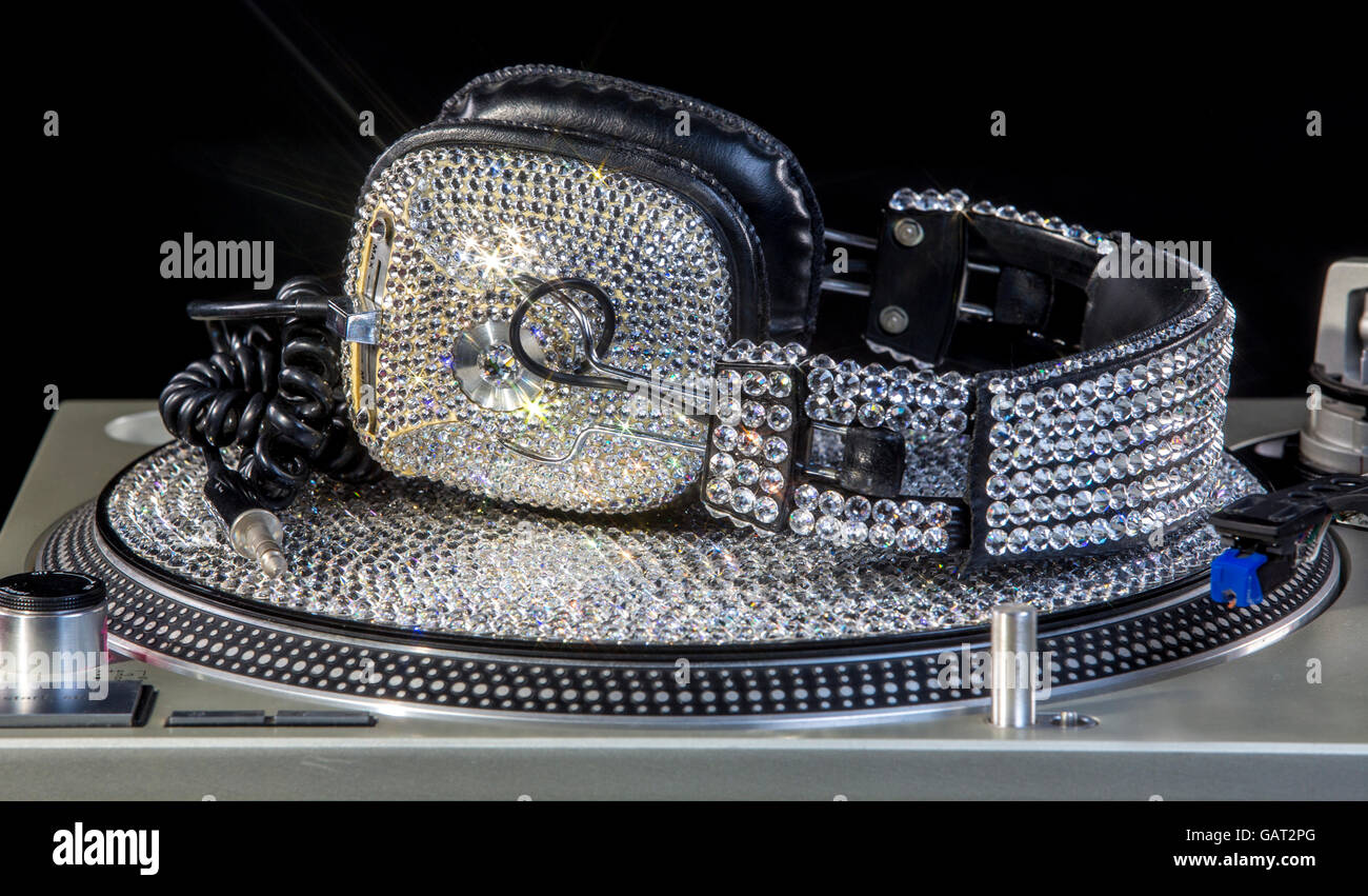 amazing handmade bling crystal covered headphones on a crystal record ...