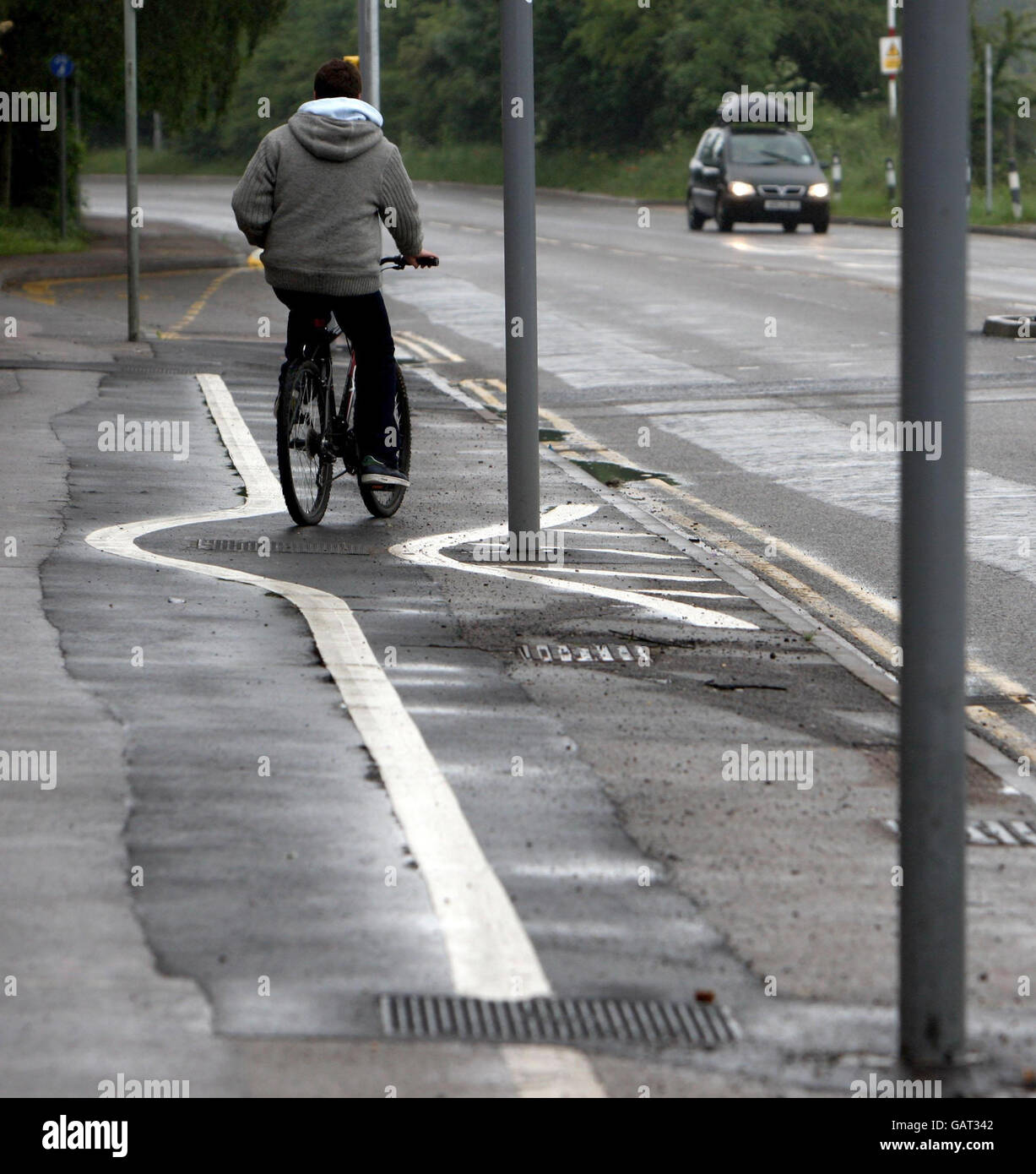 New cycle path made to go around lamp post Stock Photo - Alamy