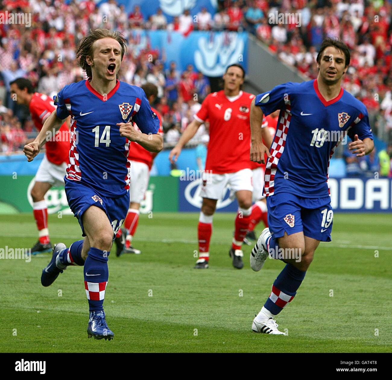 Croatia's Luka Modric (l) celebrates scoring his sides first goal of ...