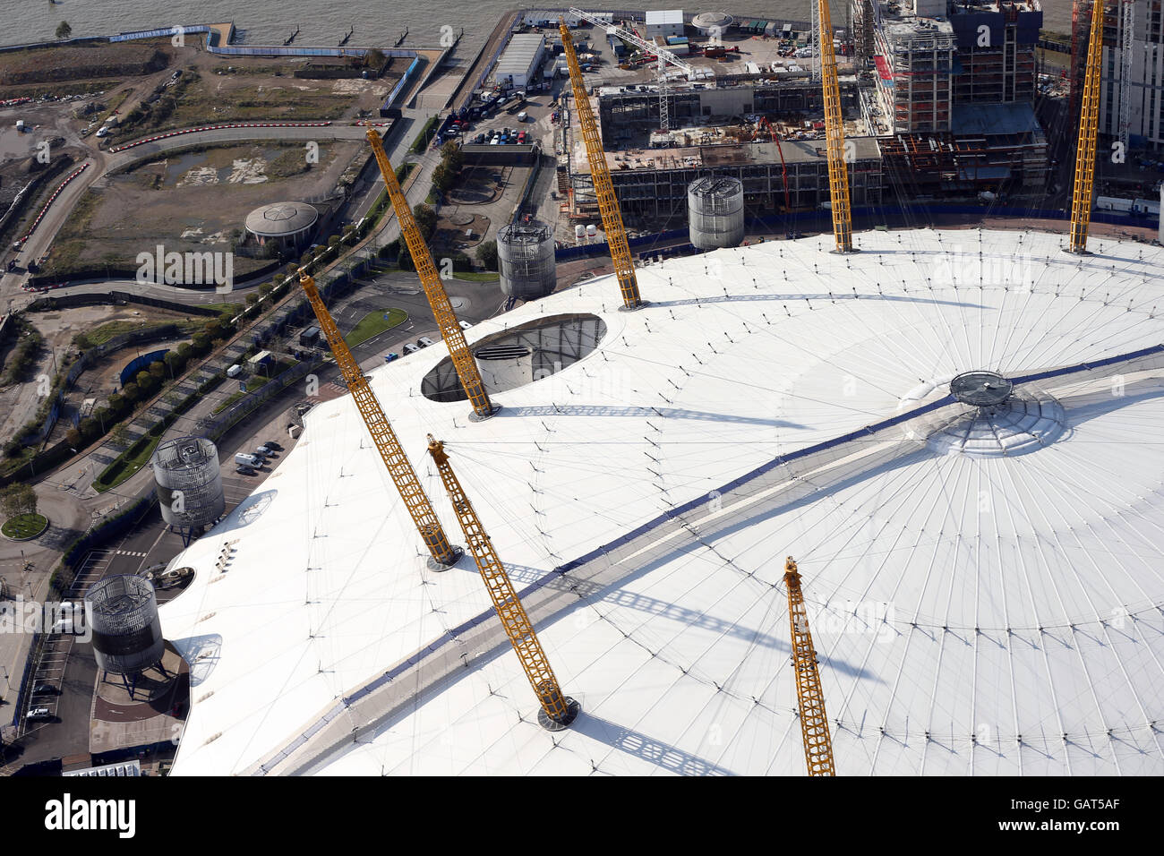 a view of the o2 arena and docklands skyline view from a helicopter ...
