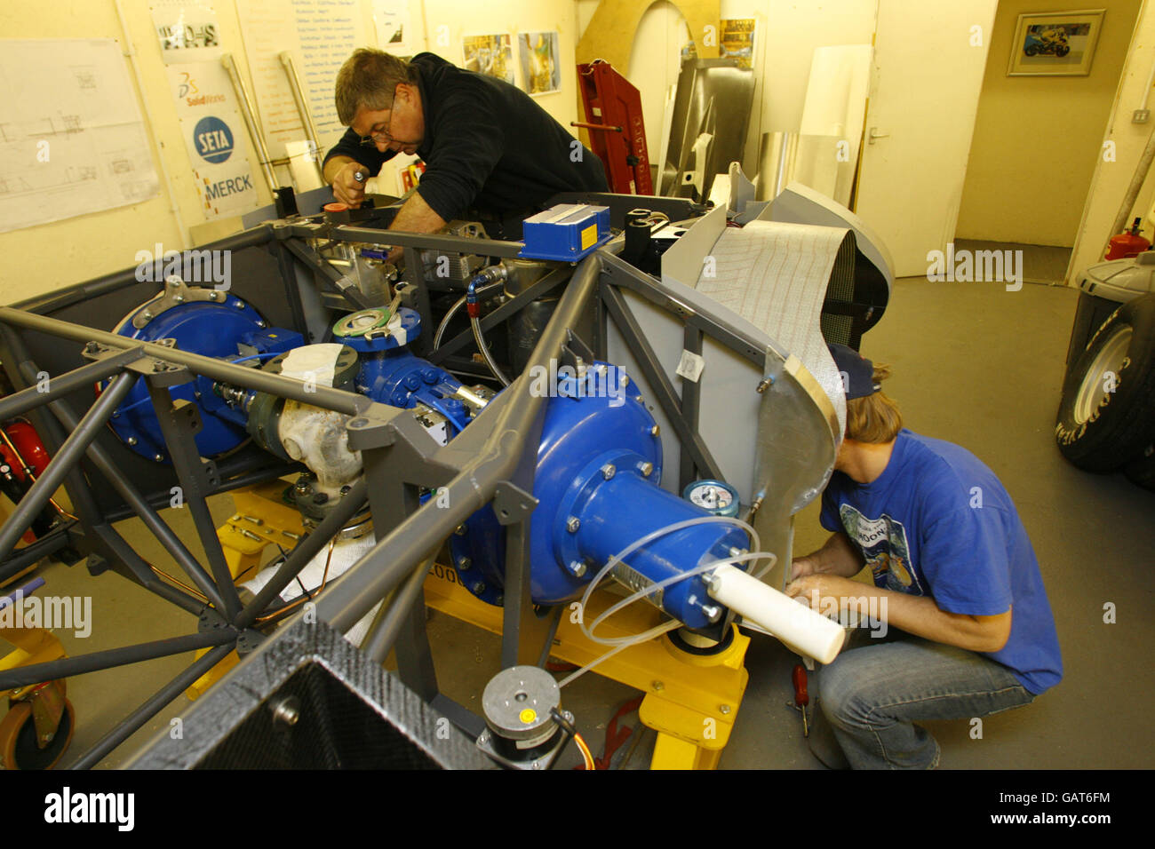Engineers work on the British Steam Car currently under construction in ...