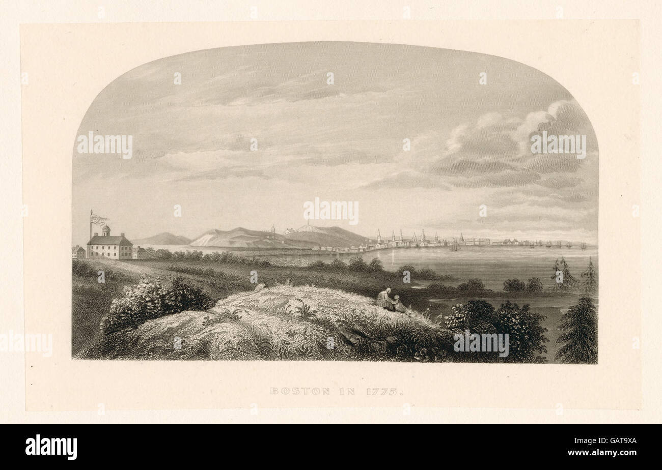 This historical illustration depicts the city of Boston in 1775, at the ...