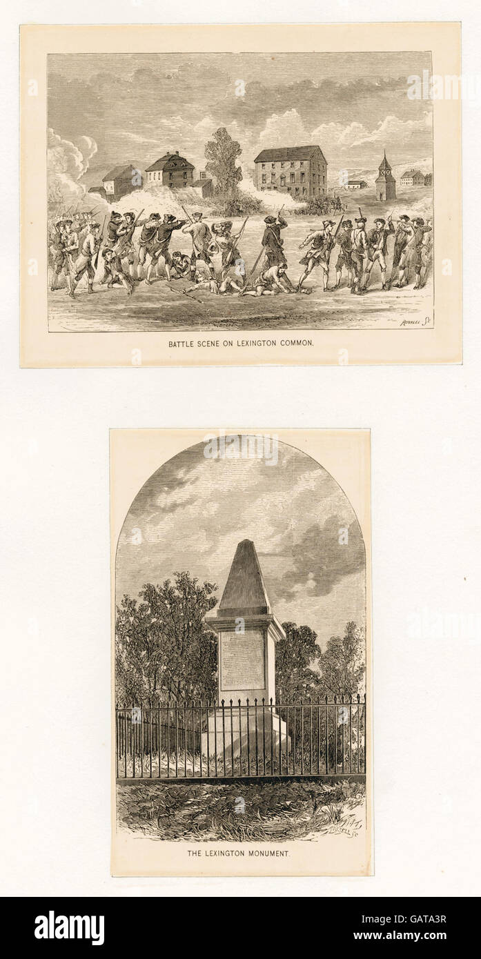 A historical image depicting the battle on Lexington Common during the ...