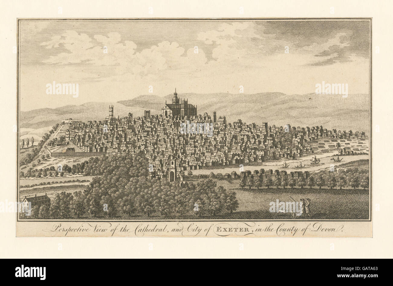 This perspective view depicts the Cathedral of Exeter and the ...