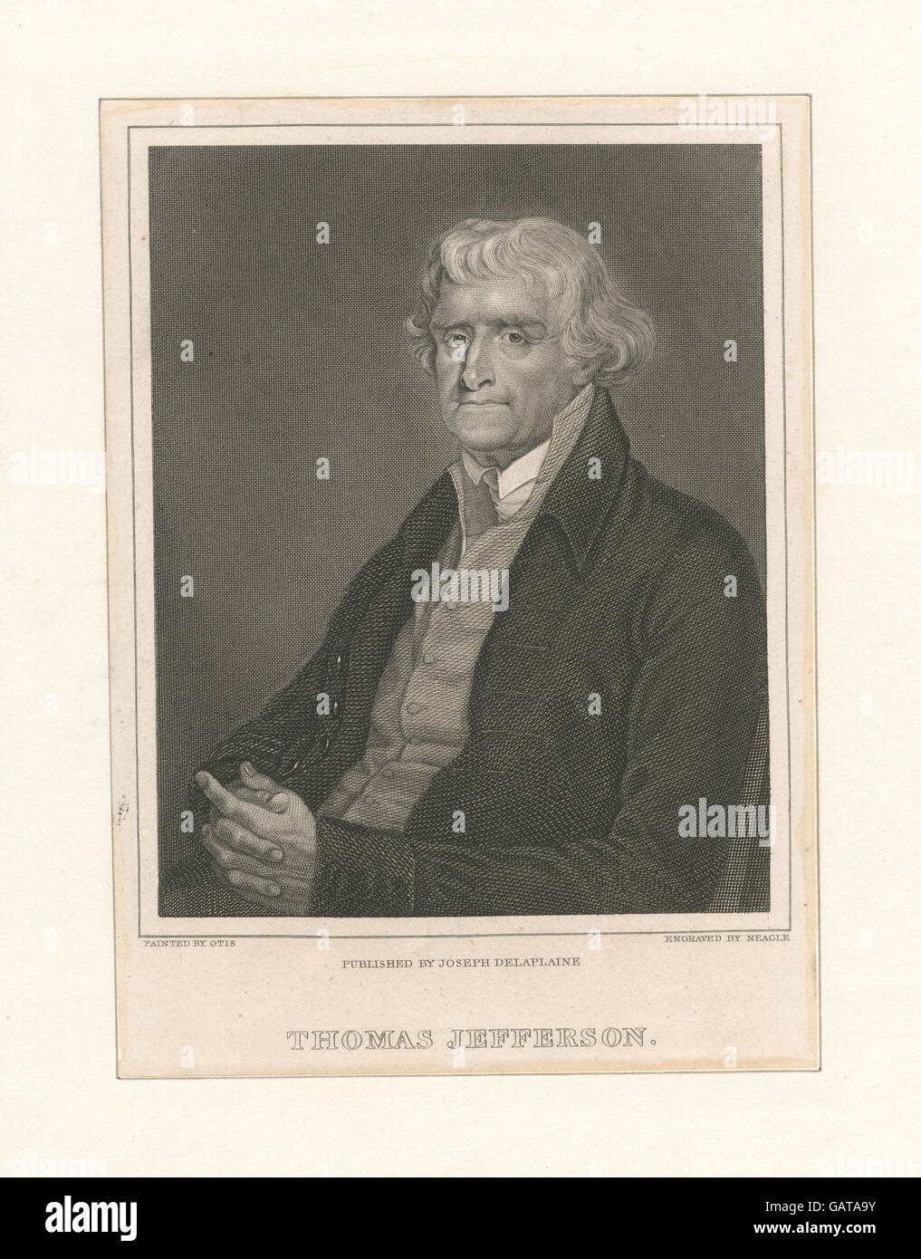 This artwork features a portrait of Thomas Jefferson, focusing on his ...