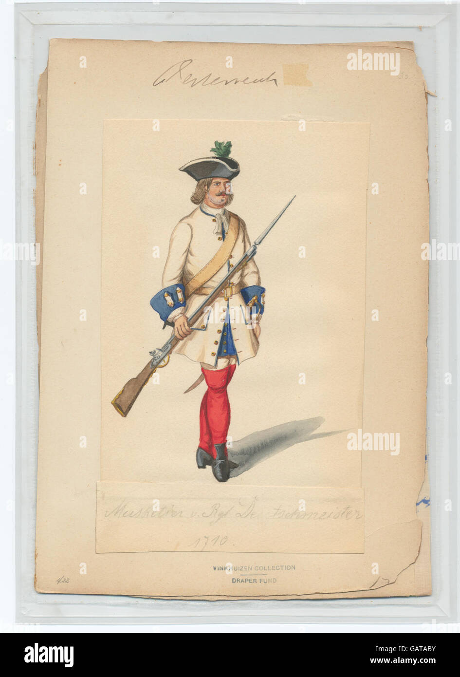 This historical artwork depicts a musketier from the Deutschmeister ...