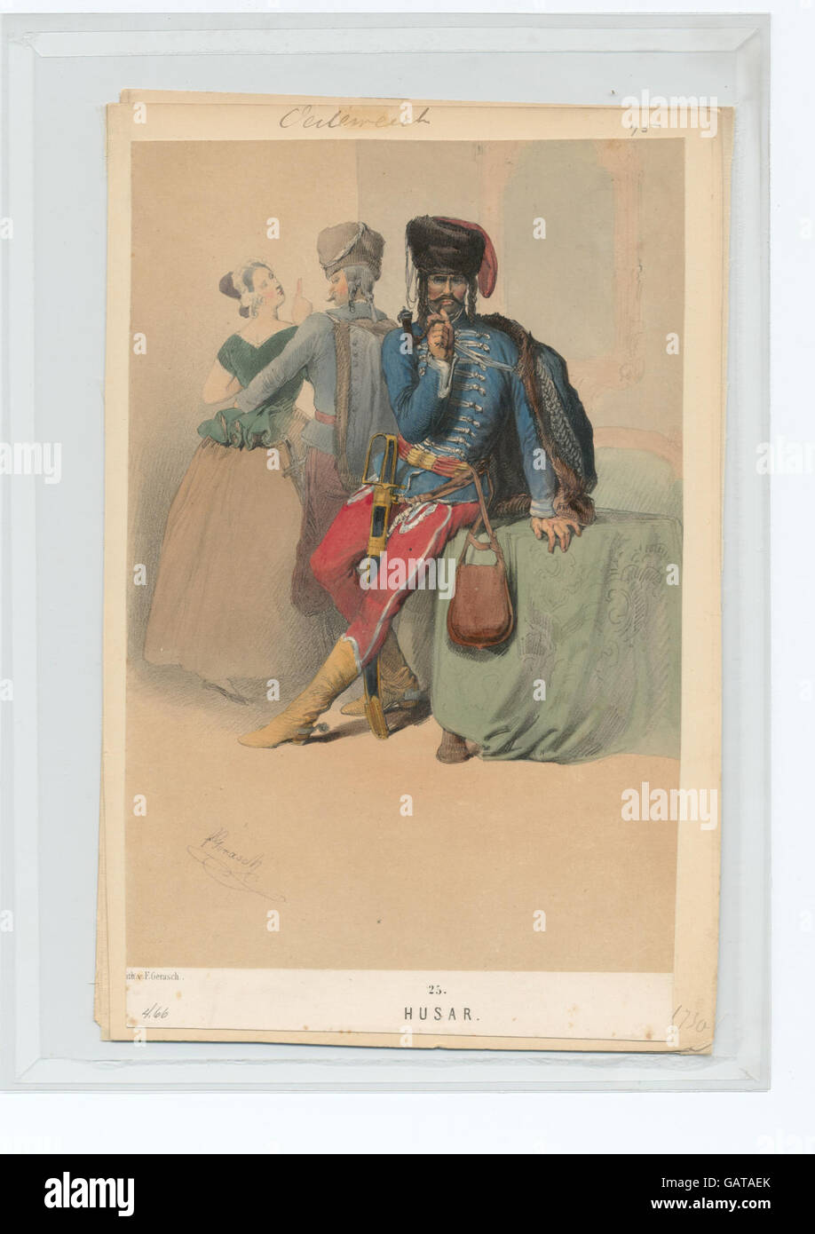 A historical illustration from 1730 featuring a Hussar, a type of ...