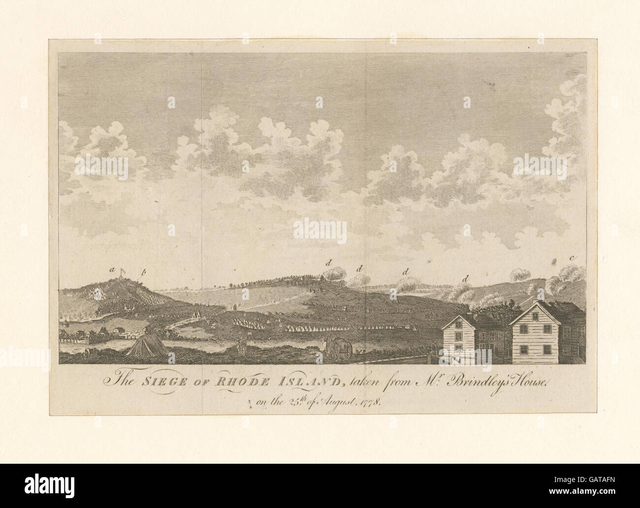 A historical engraving of the Siege of Rhode Island, showing the battle ...