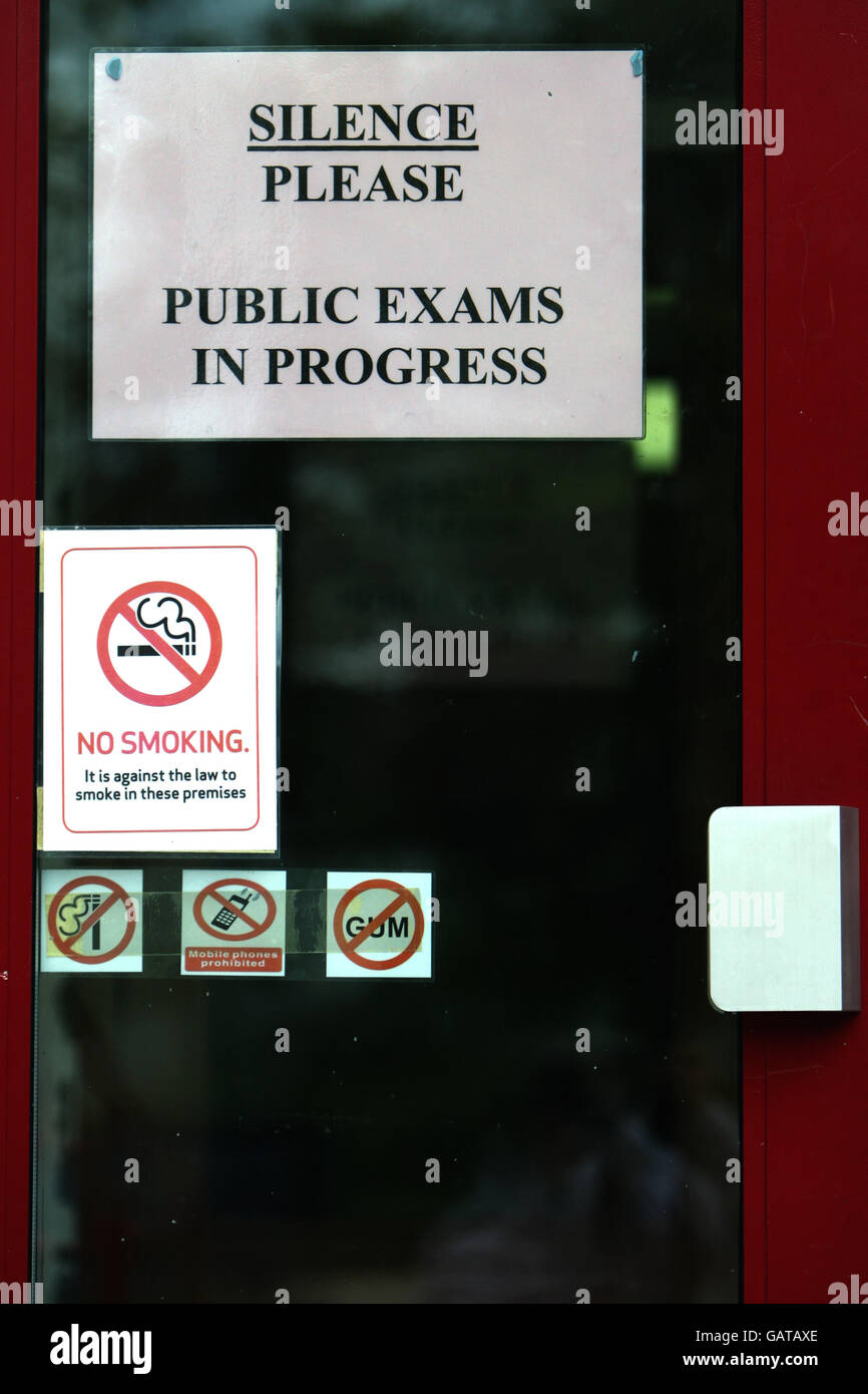 Signs outside a room where pupils were sitting a GCSE English exam at ...