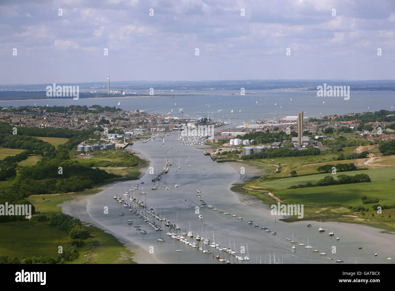 An aerial view of Cowes at the head of the river Medina on the Isle of ...