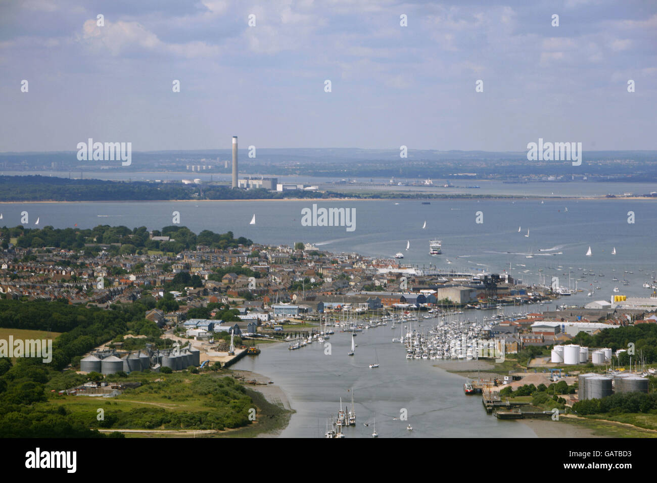 An aerial view of Cowes at the head of the river Medina on the Isle of ...