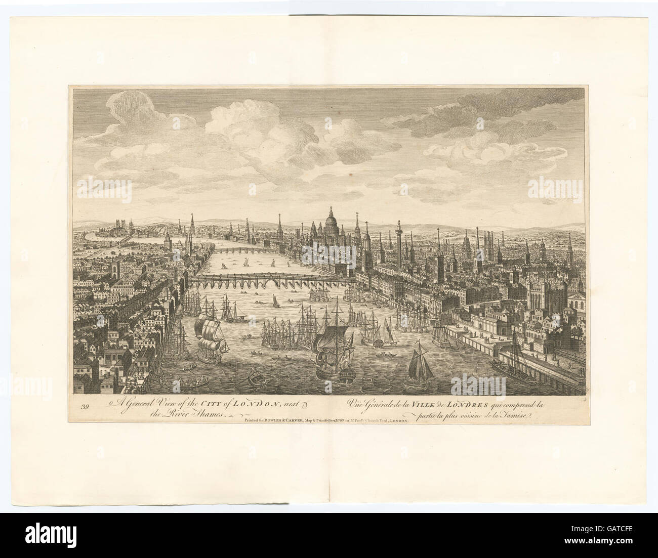This image shows a general view of London, with the River Thames ...