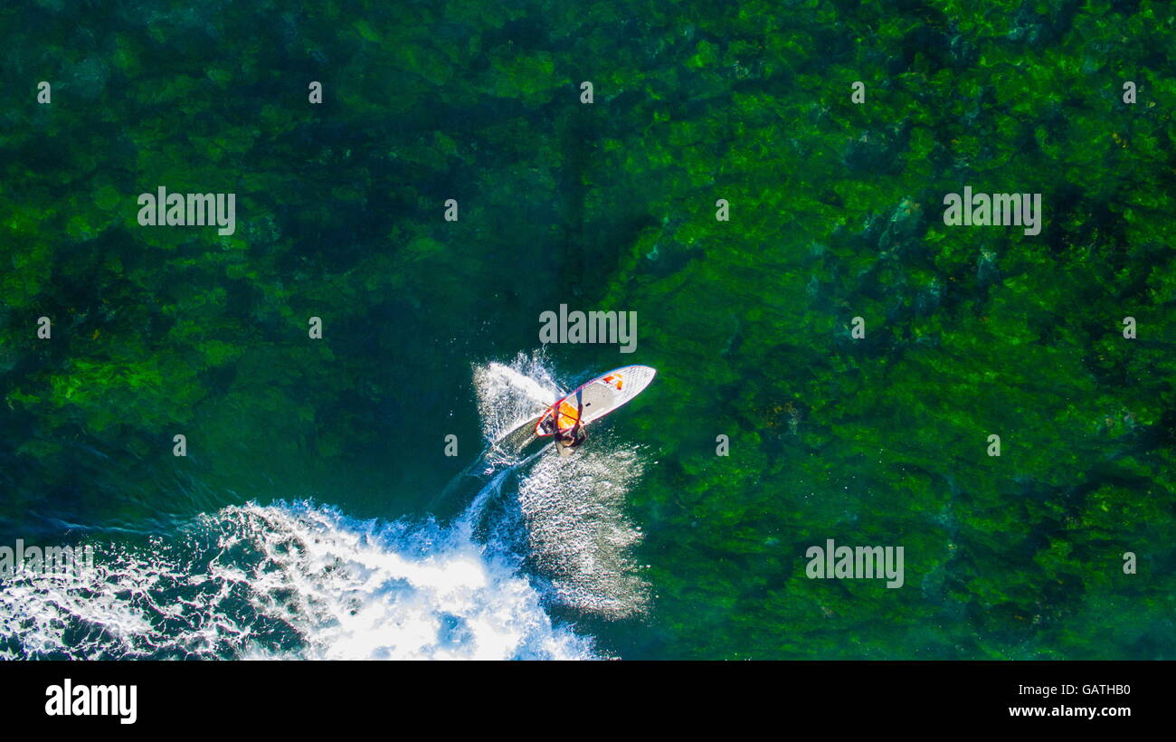 Aerial view of a man surfing on a stand up paddleboard SUP above algae ...