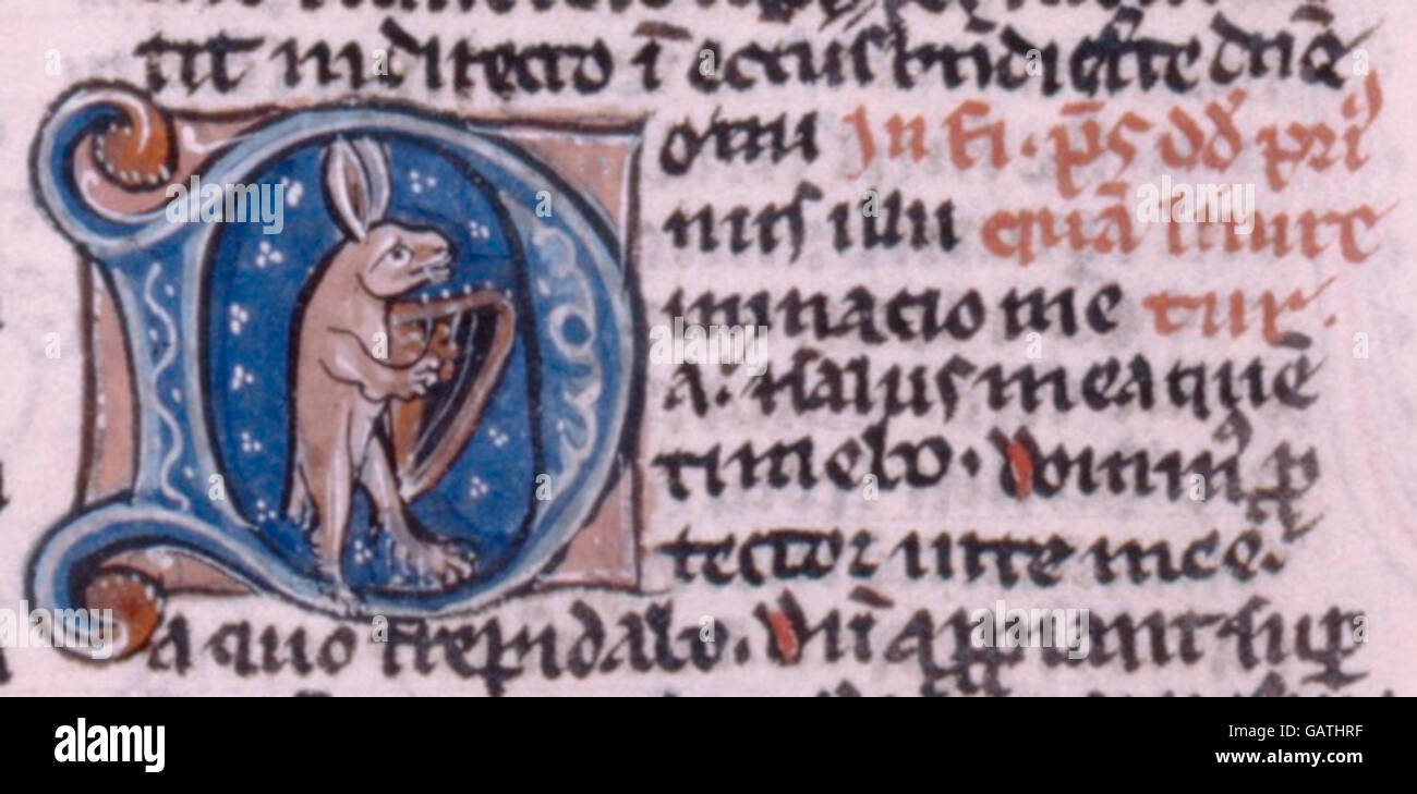 This illustration depicts a rabbit playing a harp, likely a whimsical ...