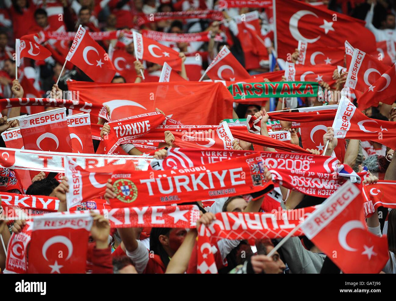 Turkish fans show their support and colours in the stands prior to kick ...