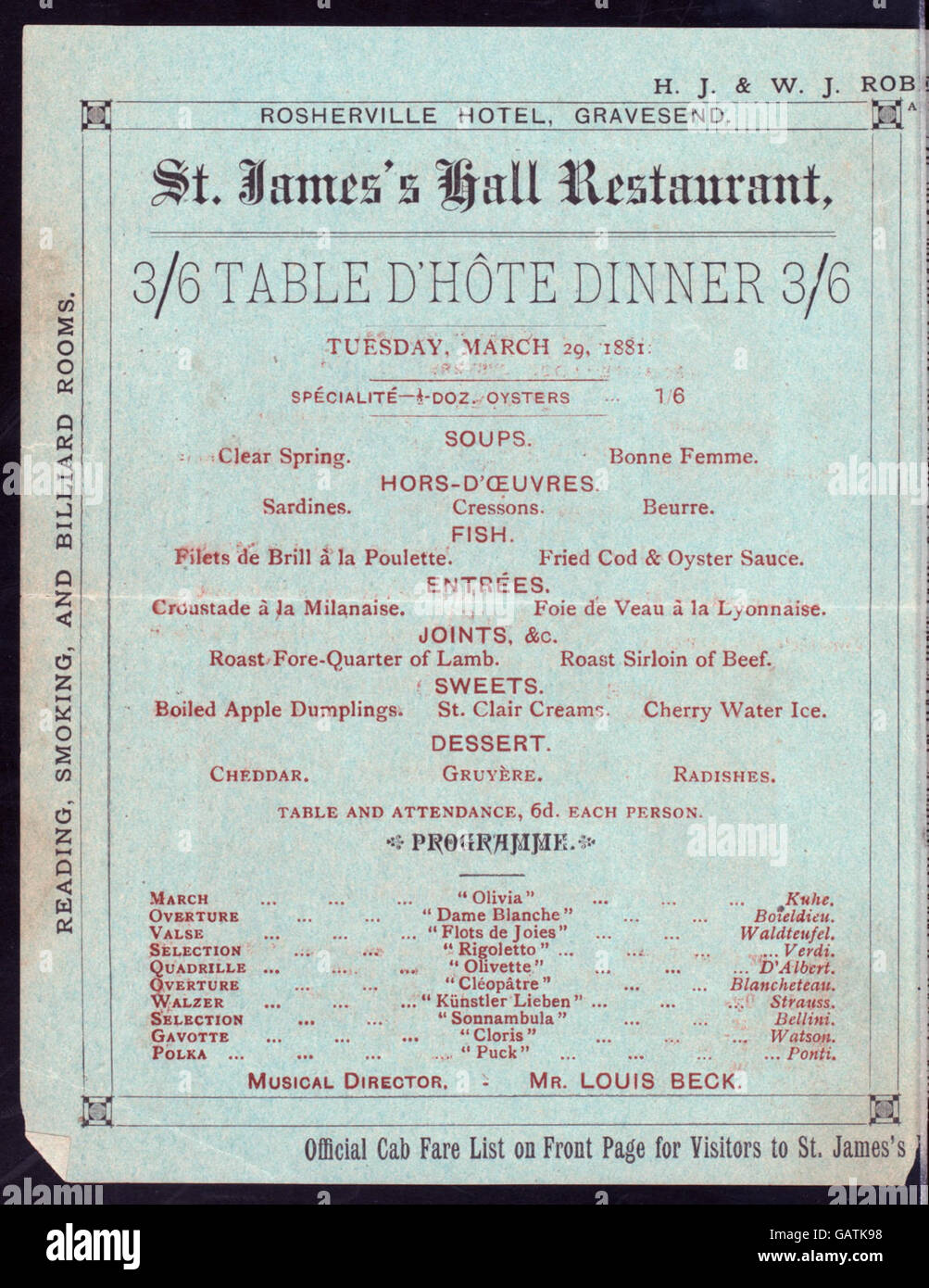 A dinner menu from The Bridge House Hotel in London, England ...