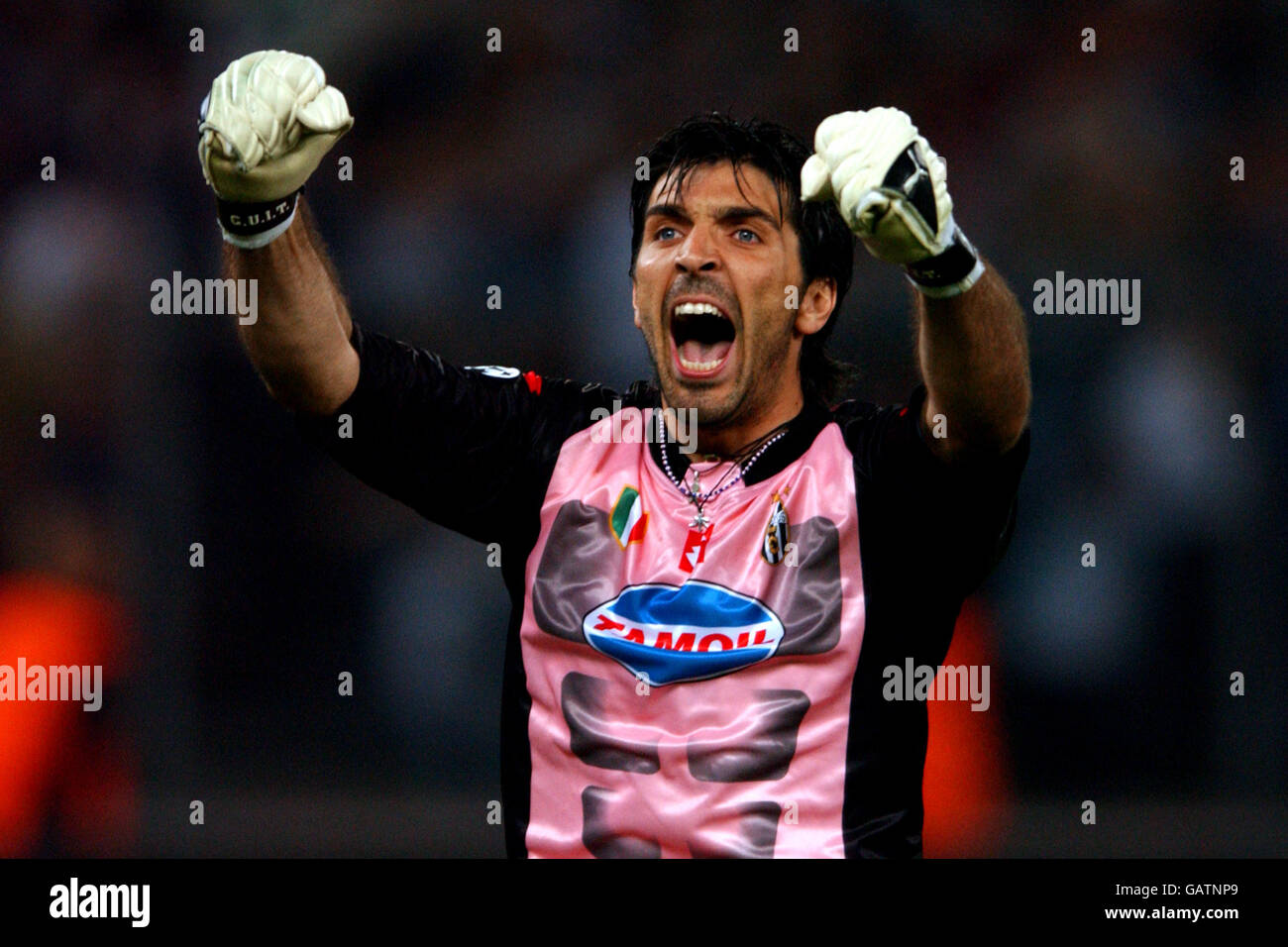 Juventus goalkeeper gianluigi buffon celebrates their third goal hi-res ...